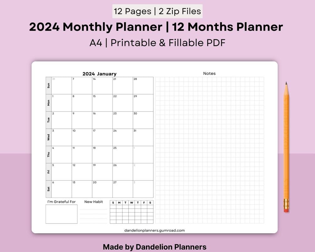 2024 Dated Monthly Planner & Habit Tracker (3 Layout Options)