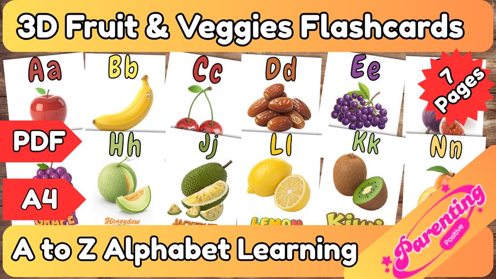 🍎 Fun Fruit & Veggies Flashcards – 3D ABC Learning for Kids (PDF – A4)
