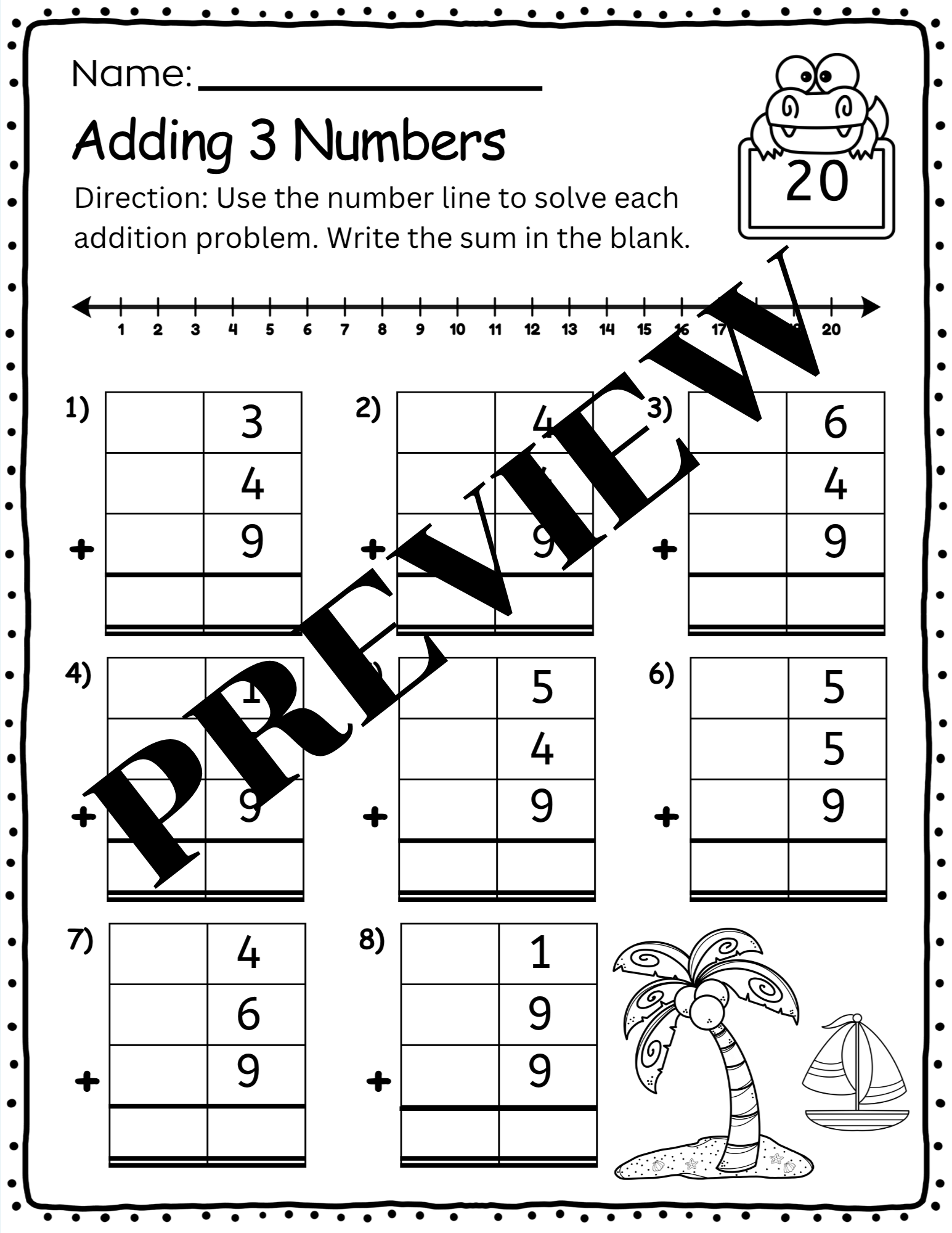 Number Line Addition - Adding 3 Single-Digit Numbers | Summer-Themed