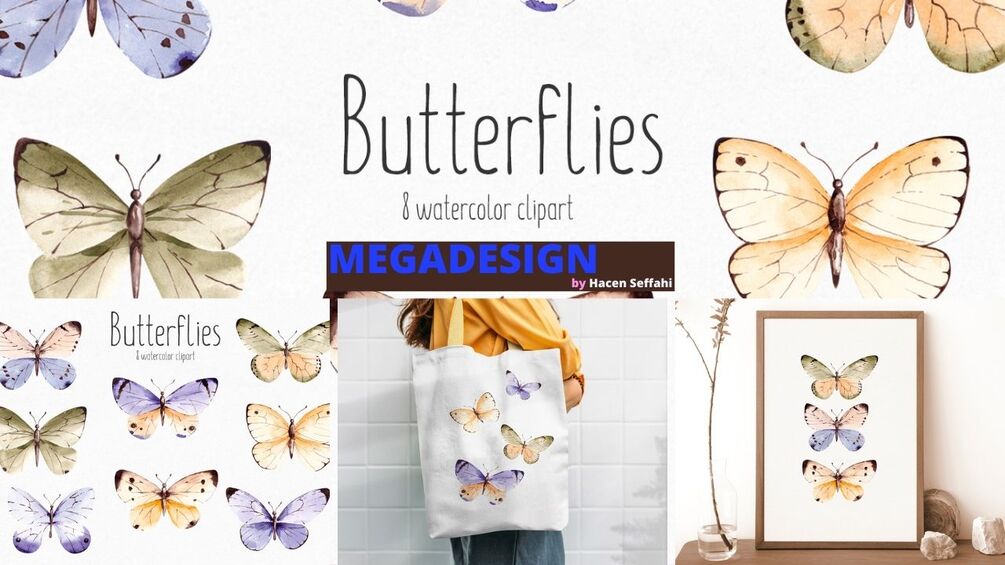 8 Butterflies Watercolor Clipart