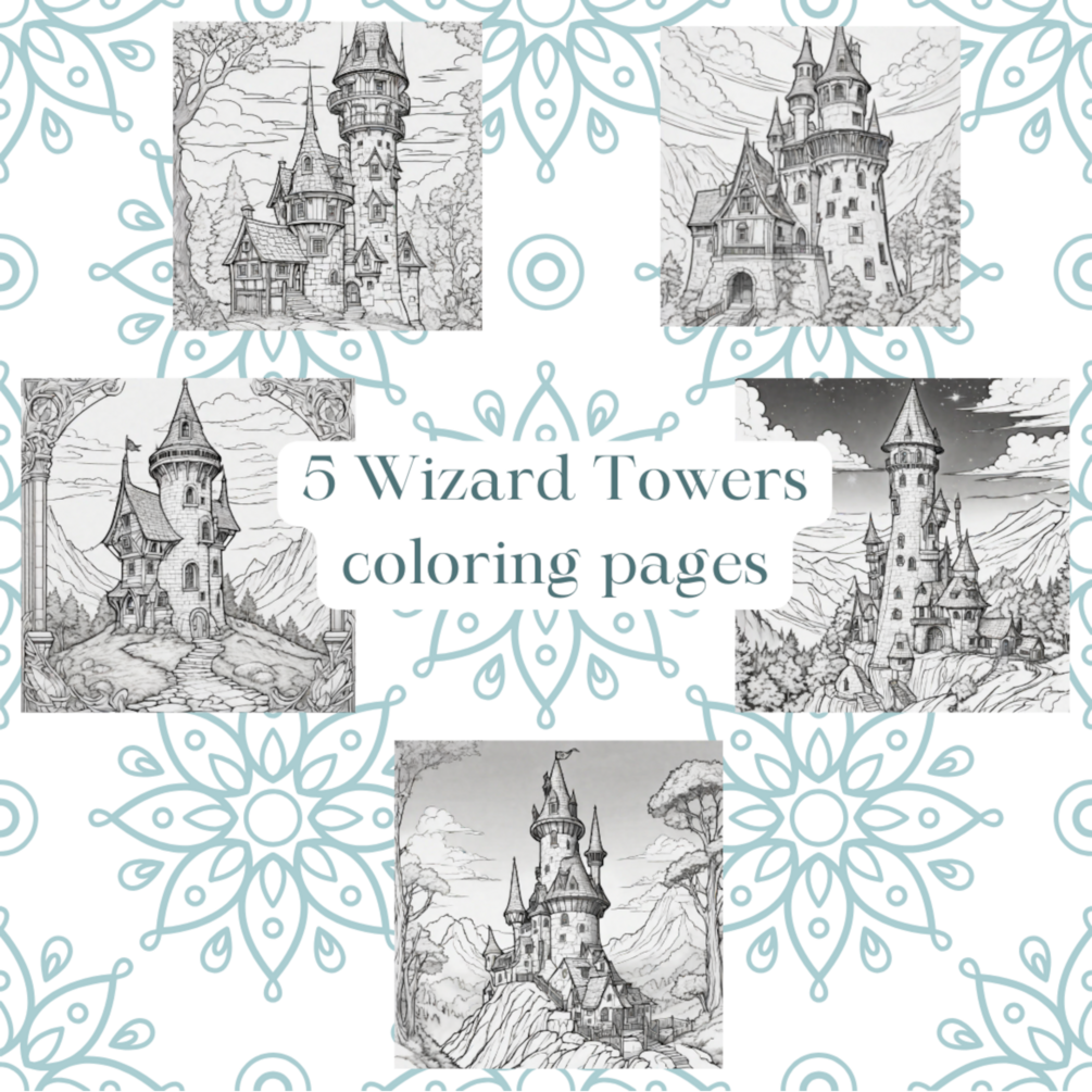 5 Wizard Tower Coloring Pages, Digital only, Painting/Drawing, Coloring ...