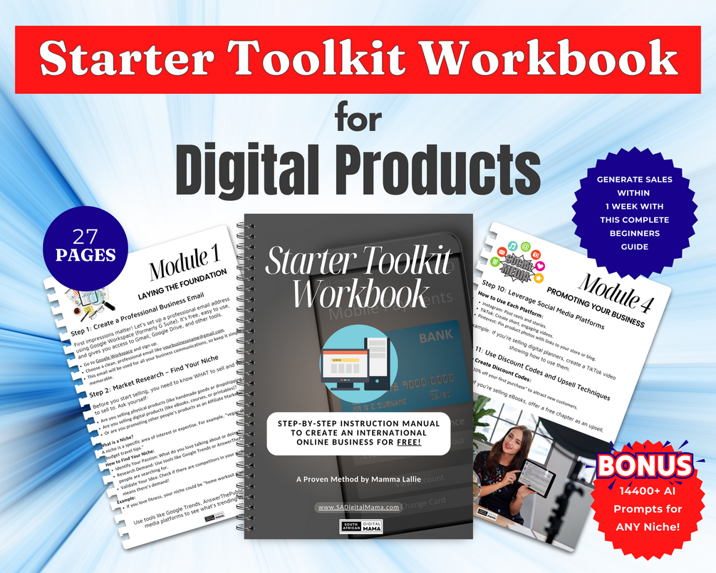 Starter Toolkit Workbook for Digital Products for FREE Internationally