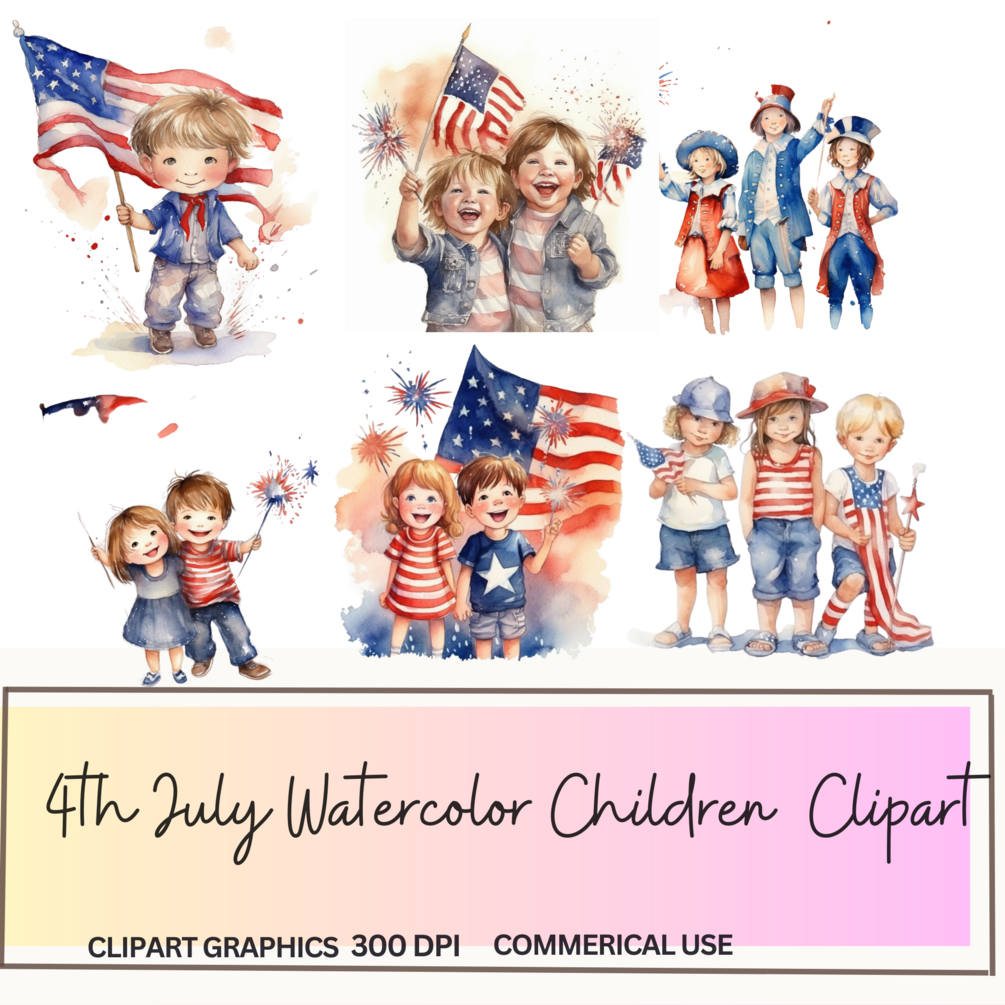 4th July Watercolor Happy Children Clipart: Pack of 25,Transparent ...
