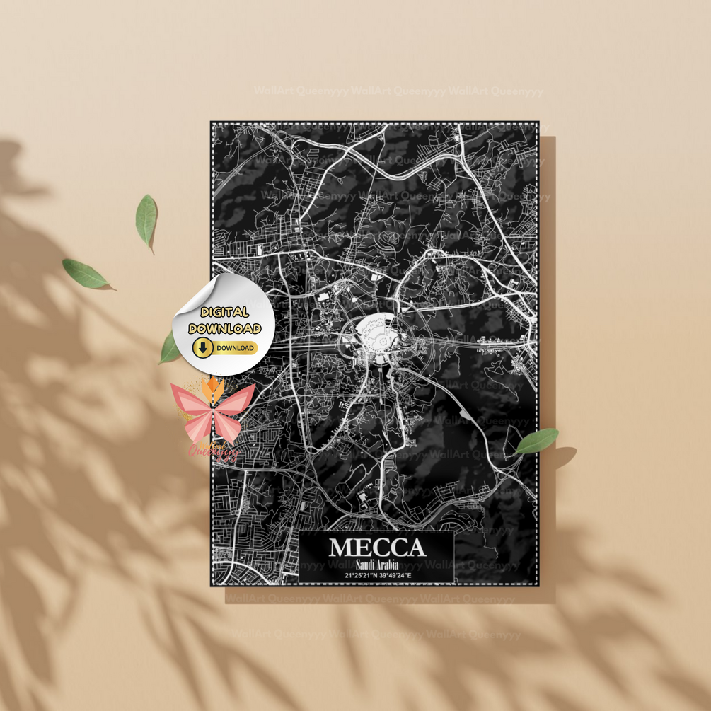 Mecca City Map Black and White– A3 Minimalist Digital Wall Art/Poster (PNG, JPEG, PDF, SHP, MPK)