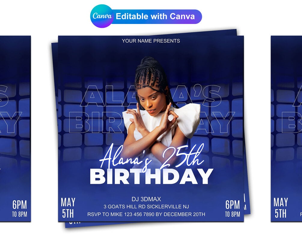 Editable Blue Birthday Party Club Flyer, Canva Birthday Invite, Blue ...