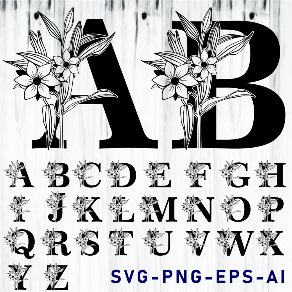 Monogram Flower Alphabet Letters Set A-Z SVG Designs Bundle, Floral Monogram Letter Font SVG ...