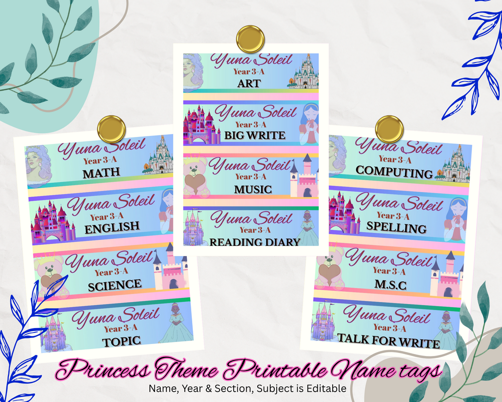 Princess Theme Tags - Editable + Write-On + Blank Version (3-in-1)