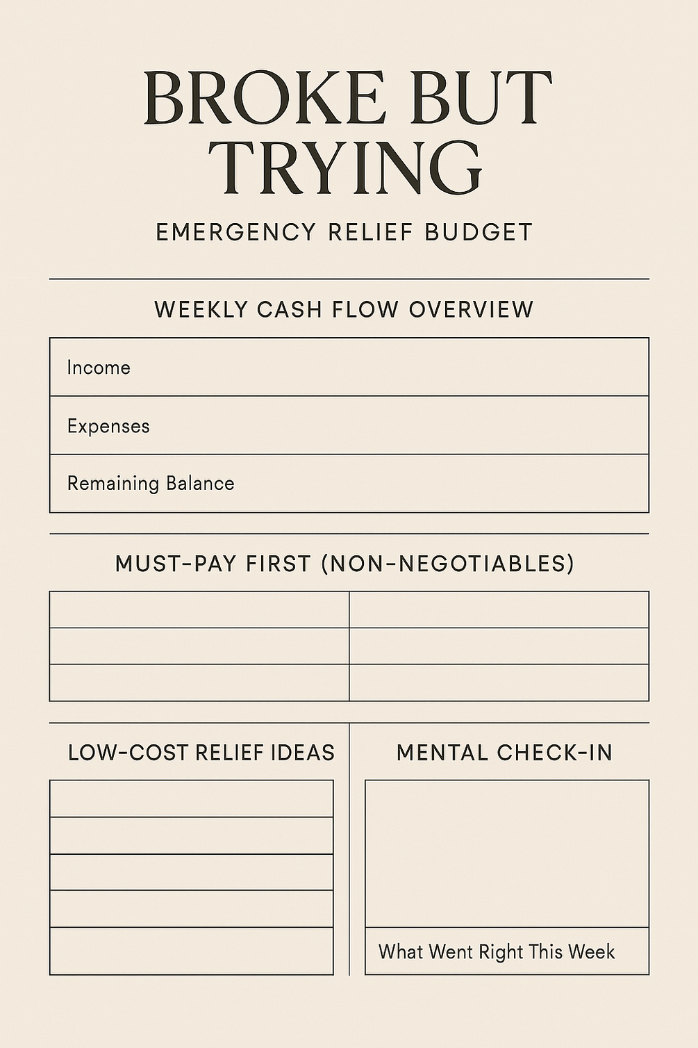 Broke But Trying — Relief Budget Template (Printable + Digital)