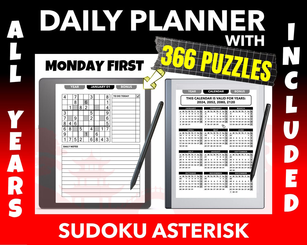 Daily Planner With 366 9x9 Sudoku Asterisk Puzzles | Calendars For Next +80 Years Included ...