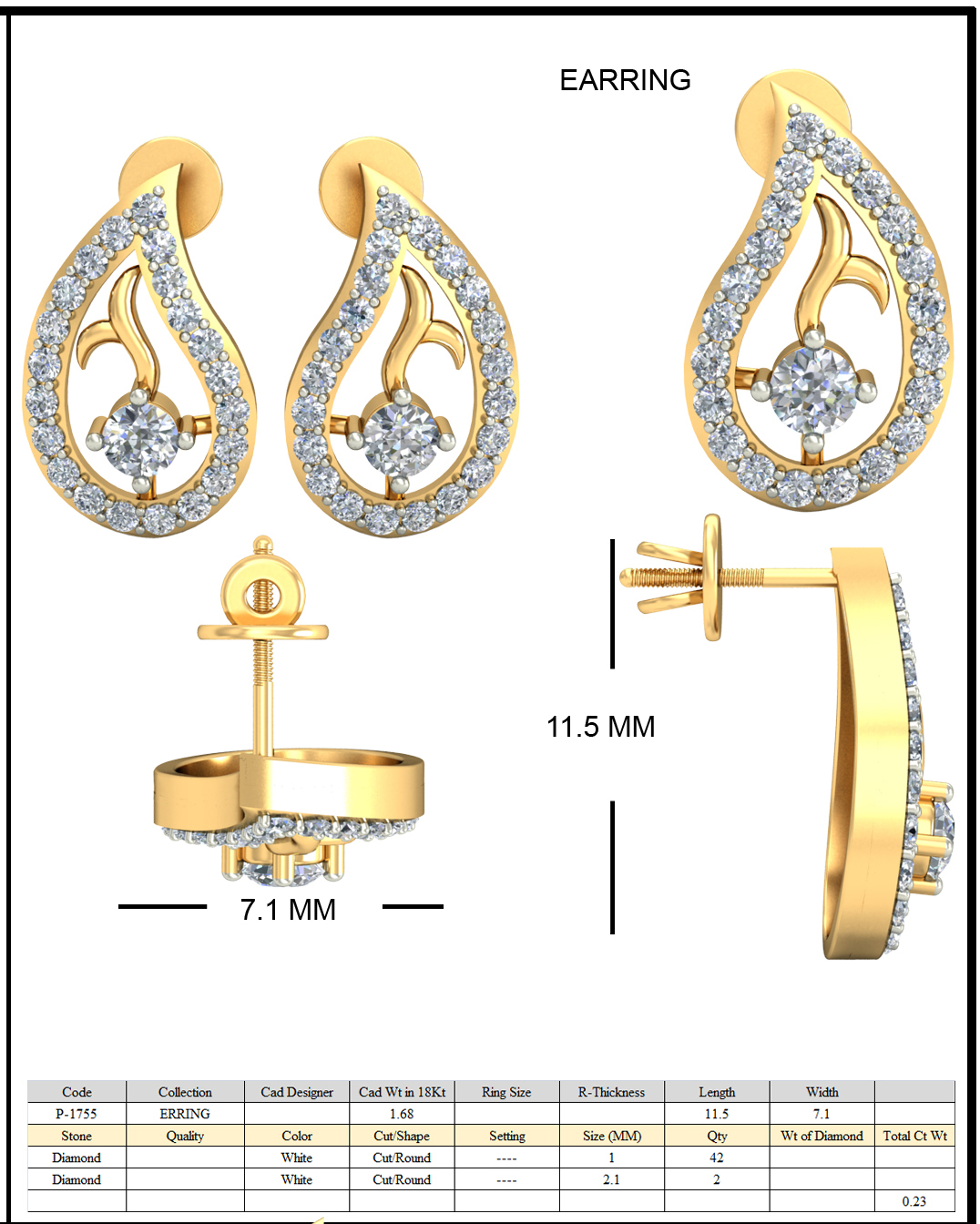 3D Model Gold Diamond Earring P1755