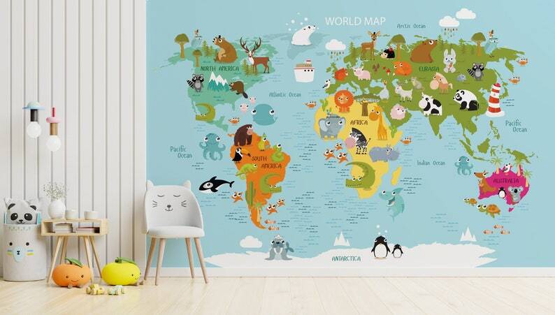Cute Animal World Map Toddler | Boy Toddler Wallpaper | Peel and Stick ...