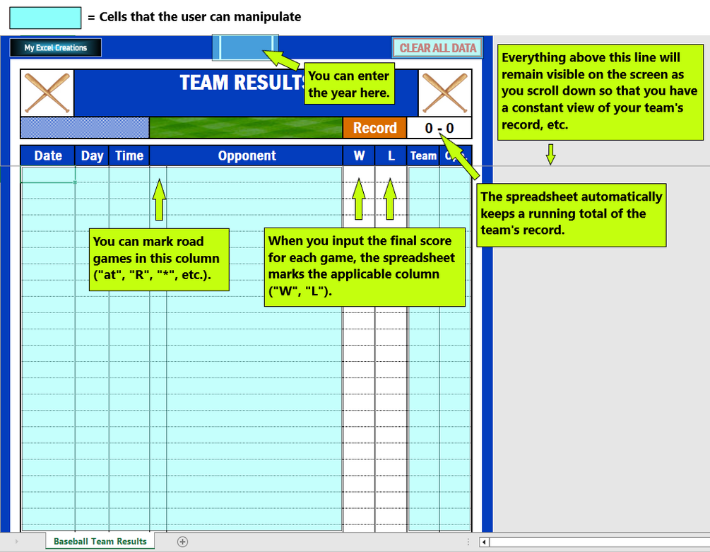Microsoft Excel Spreadsheet - Baseball Team Results (FOR PC / LAPTOP ONLY)