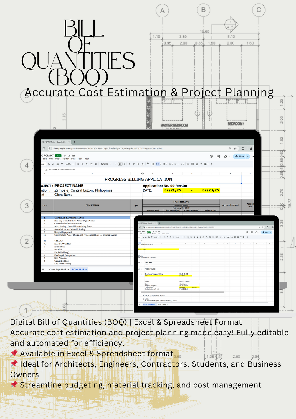 Excel / Spreadsheets Bill of Quantity Format for Construction – Architectural, Structural & MEPFS