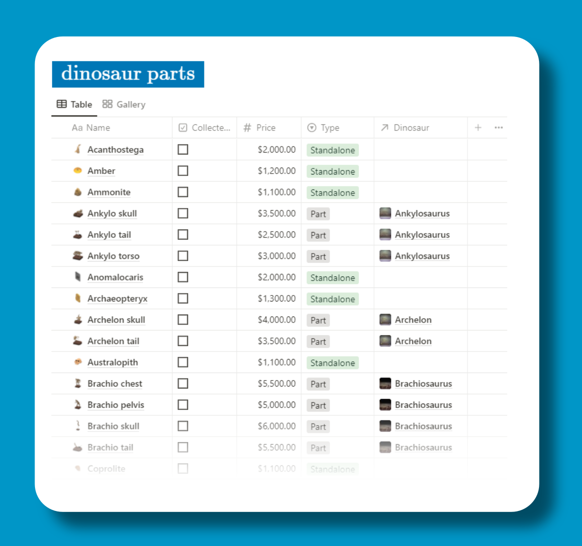 Animal Crossing Fossil Tracker in Notion