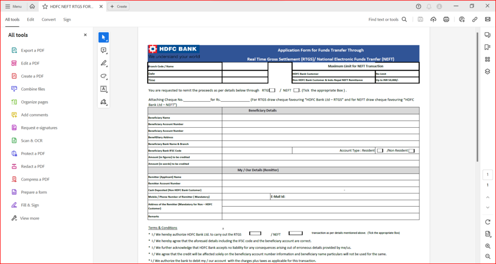 HDFC BANK RTGS NEFT FORM
