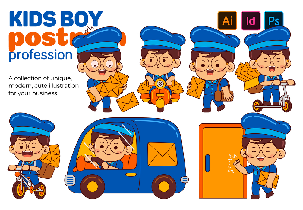 Cute Boy Postman Profession Vector Pack