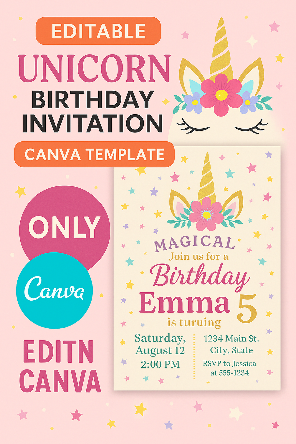 Editable Birthday Invite - Unicorn Style Template | Instant Download PDF