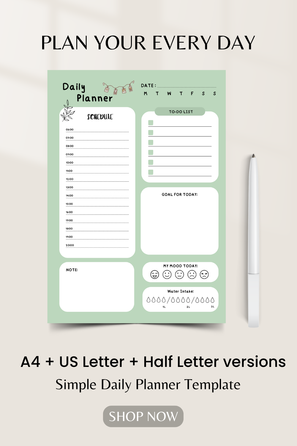 Sage Green Daily Planner Printable – Aesthetic Minimalist PDF (A4, US ...
