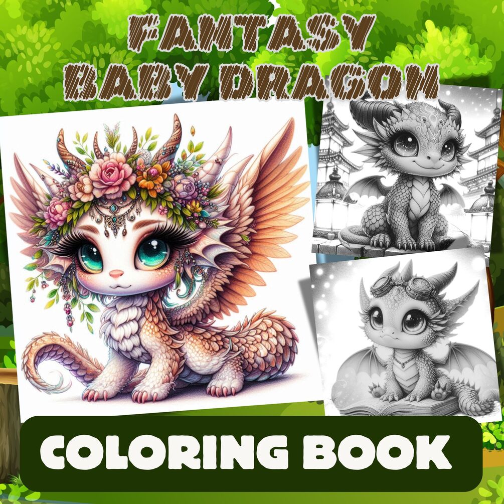 Fantasy Baby Dragon Coloring Book for Kids and Adults