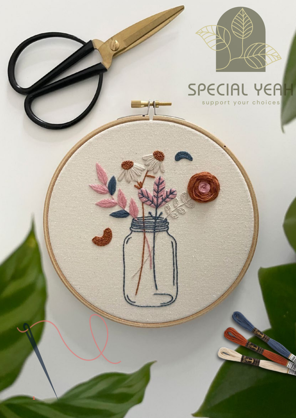 Beautifully embroidered jar of flowers with delicate details and pastel ...
