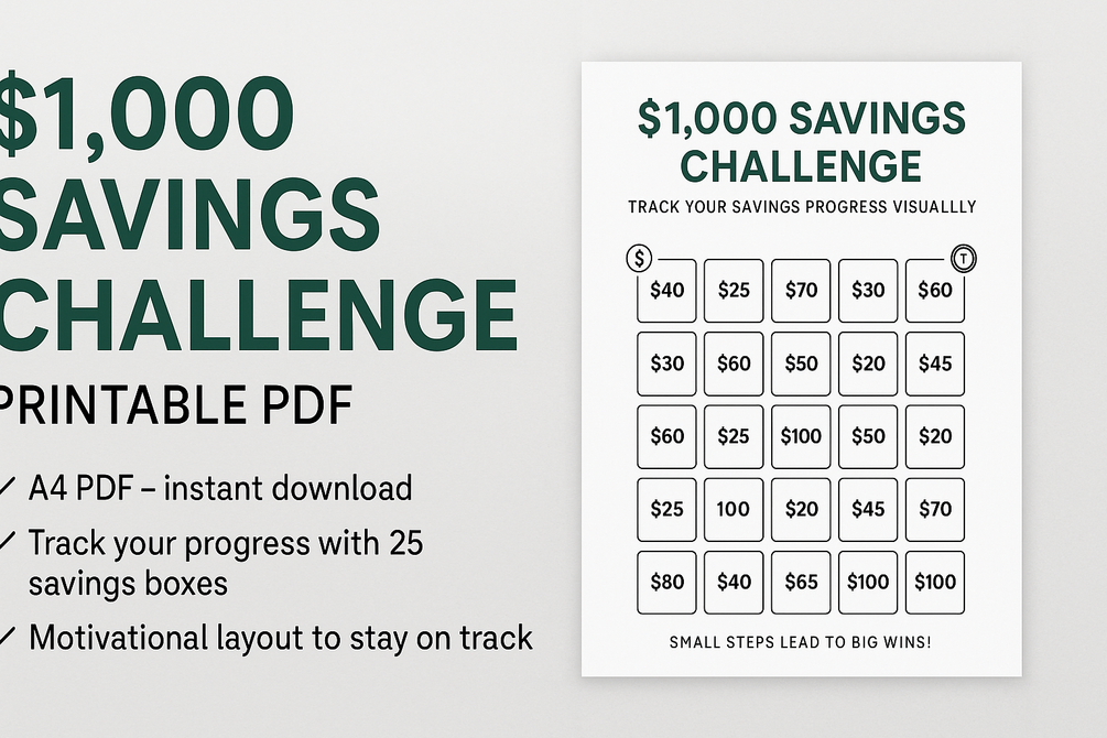 $1,000 Savings Challenge Tracker (Printable PDF)