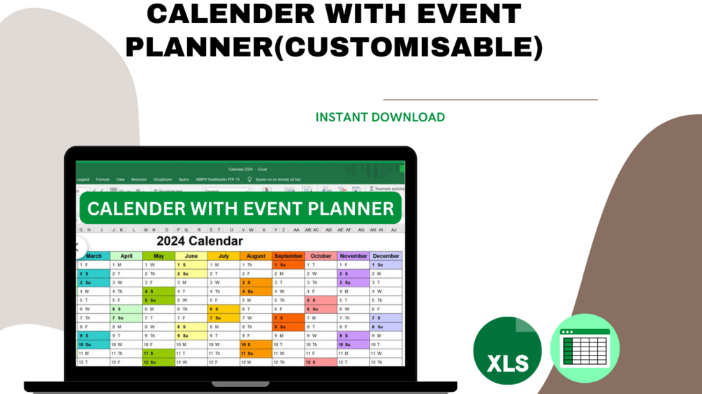2024 Calendar with Event Planner, Excel Spreadsheet
