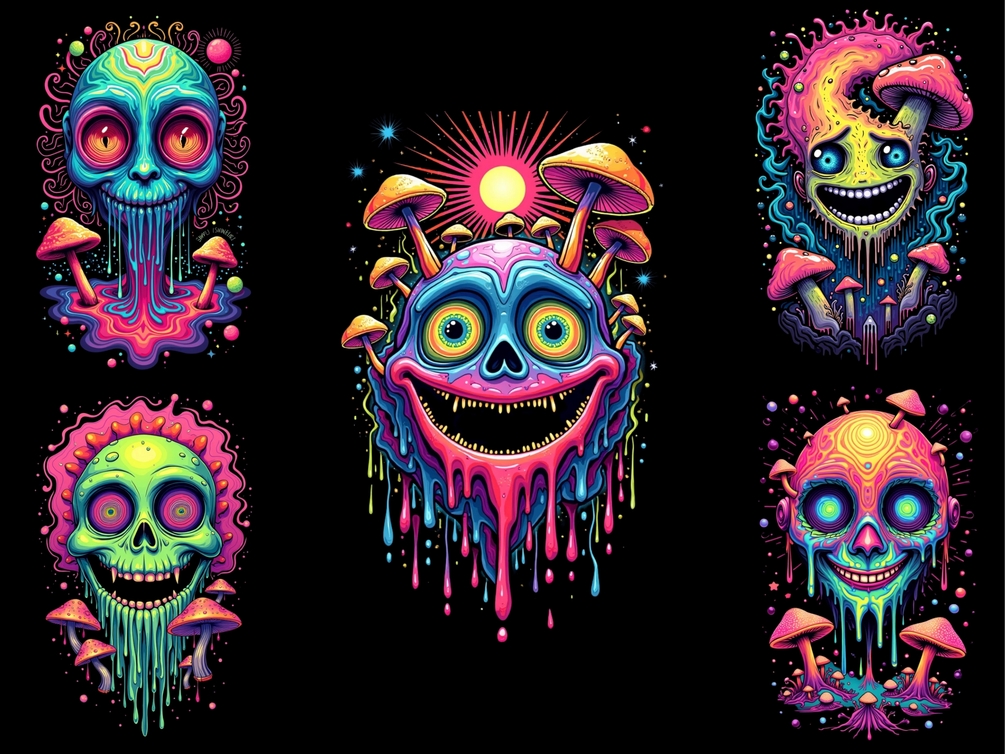 Psychedelic Skull & Mushroom – Trippy Neon T-Shirt Design 10 PNG files