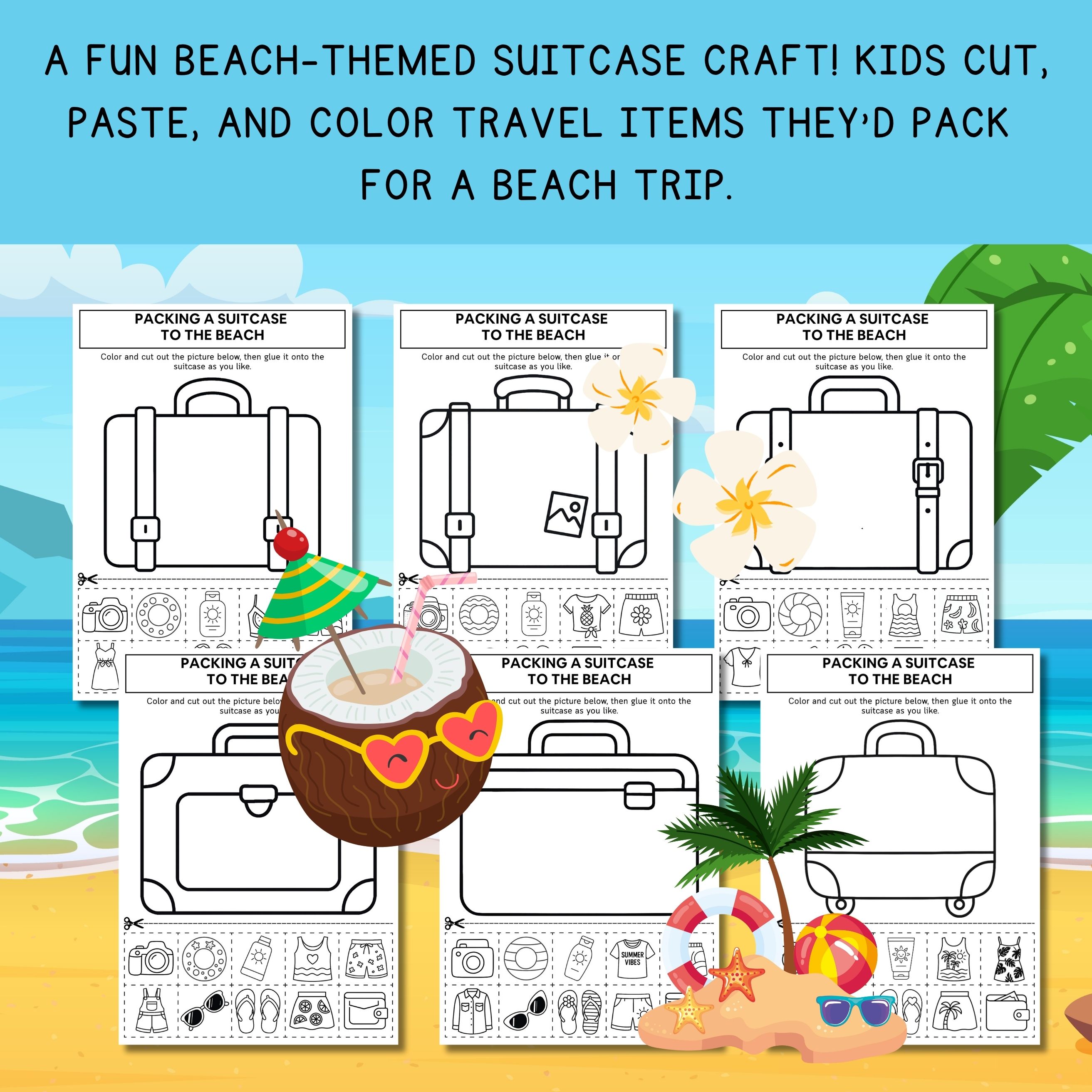 Packing a Suitcase Cut and Paste Craft for Kids, Summer Coloring ...