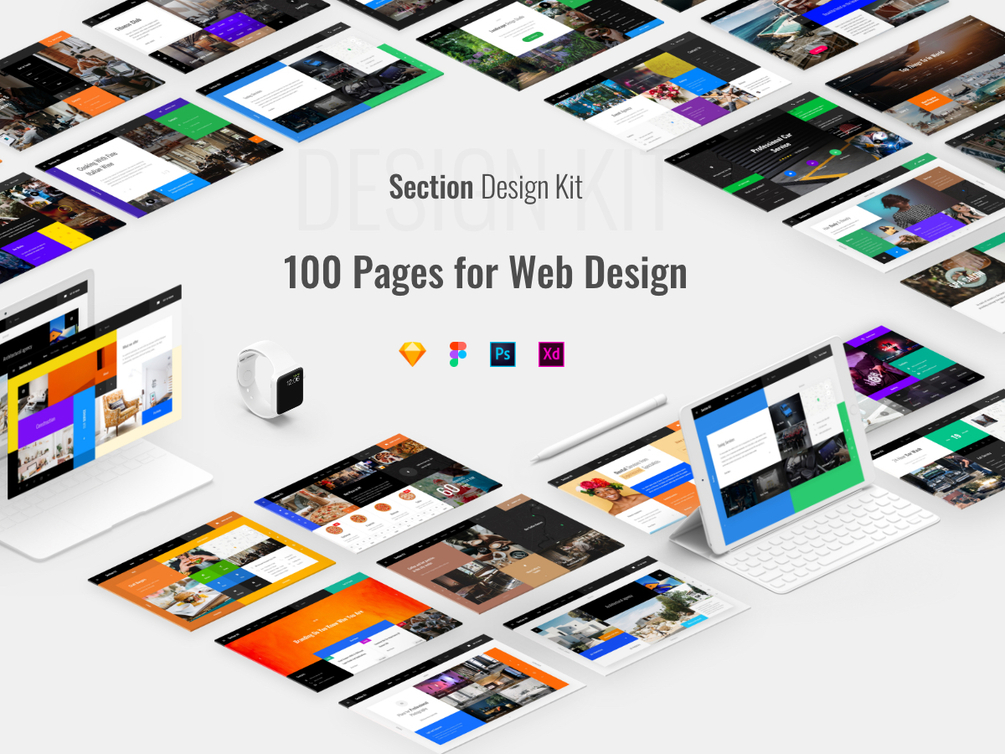 Section Design Kit, 100 Pages, Sketch, PSD, Adobe XD, Figma