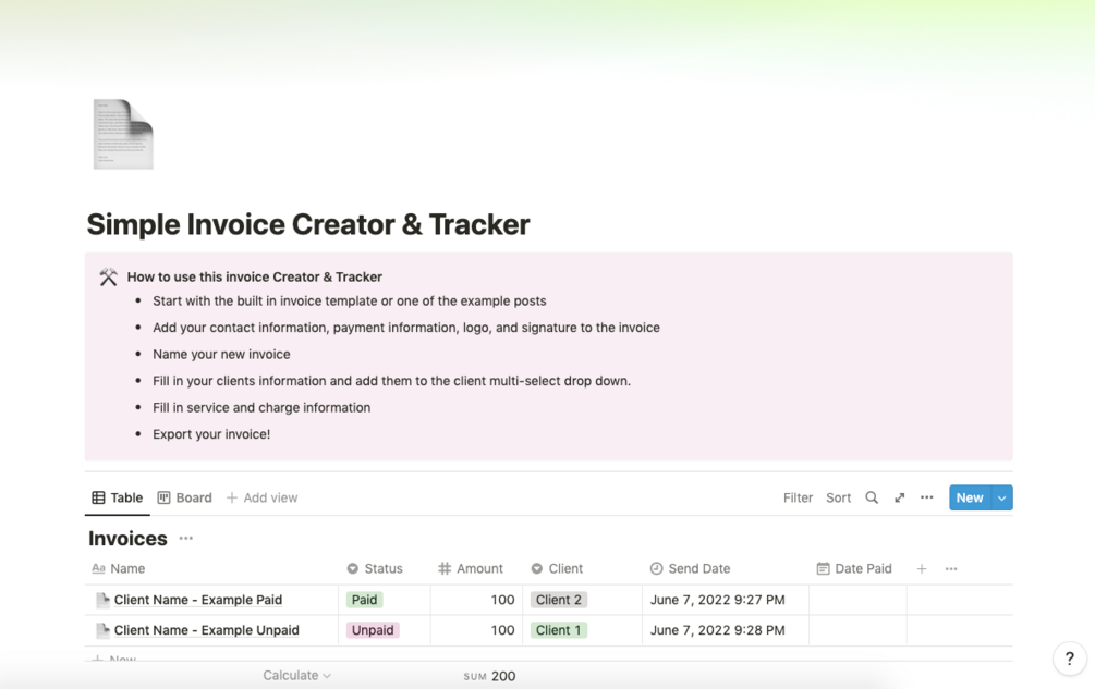 Notion - Simple Invoice Creator & Tracker