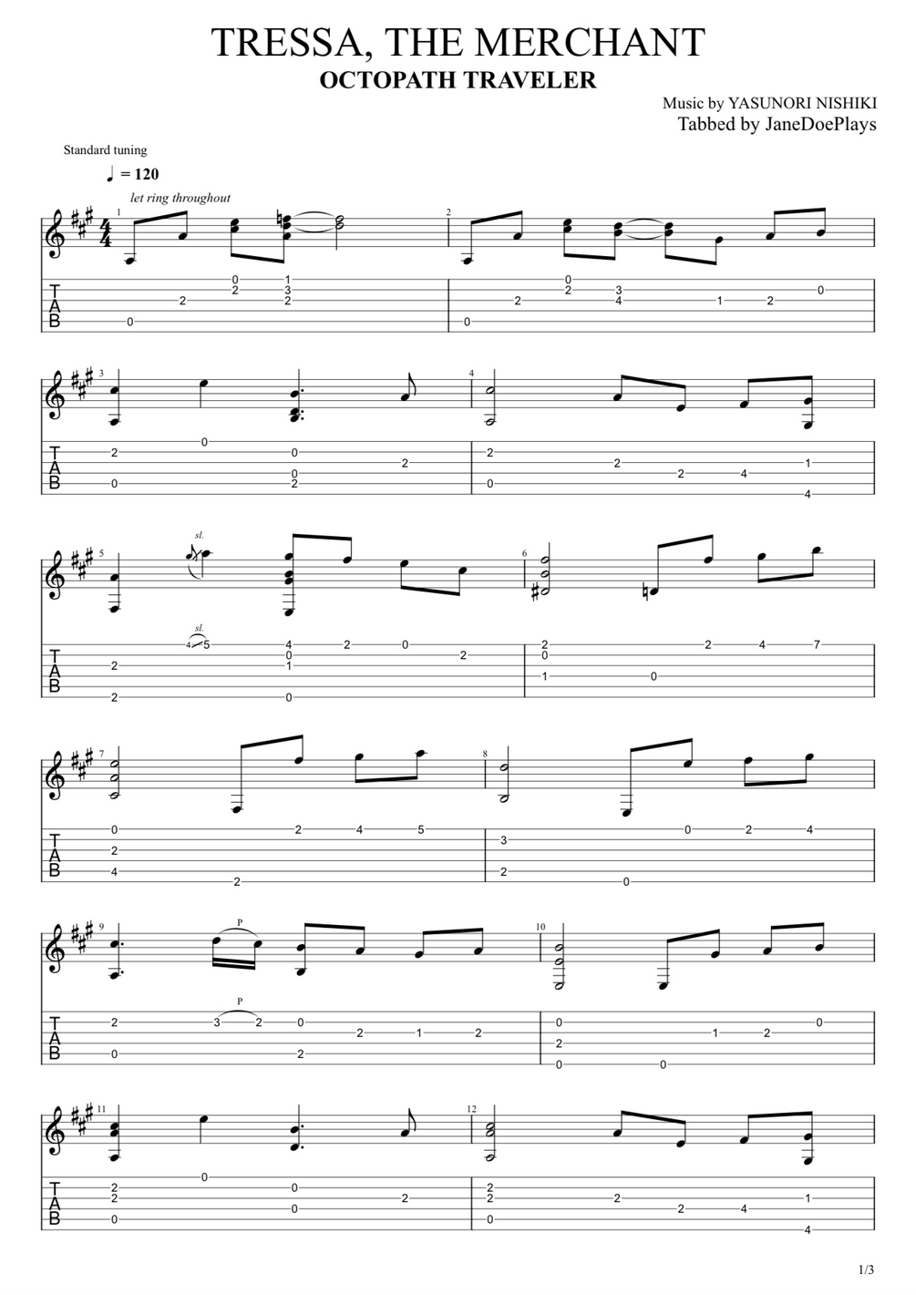 Tressa, the merchant (Octopath Traveler) Fingerstyle guitar TABS