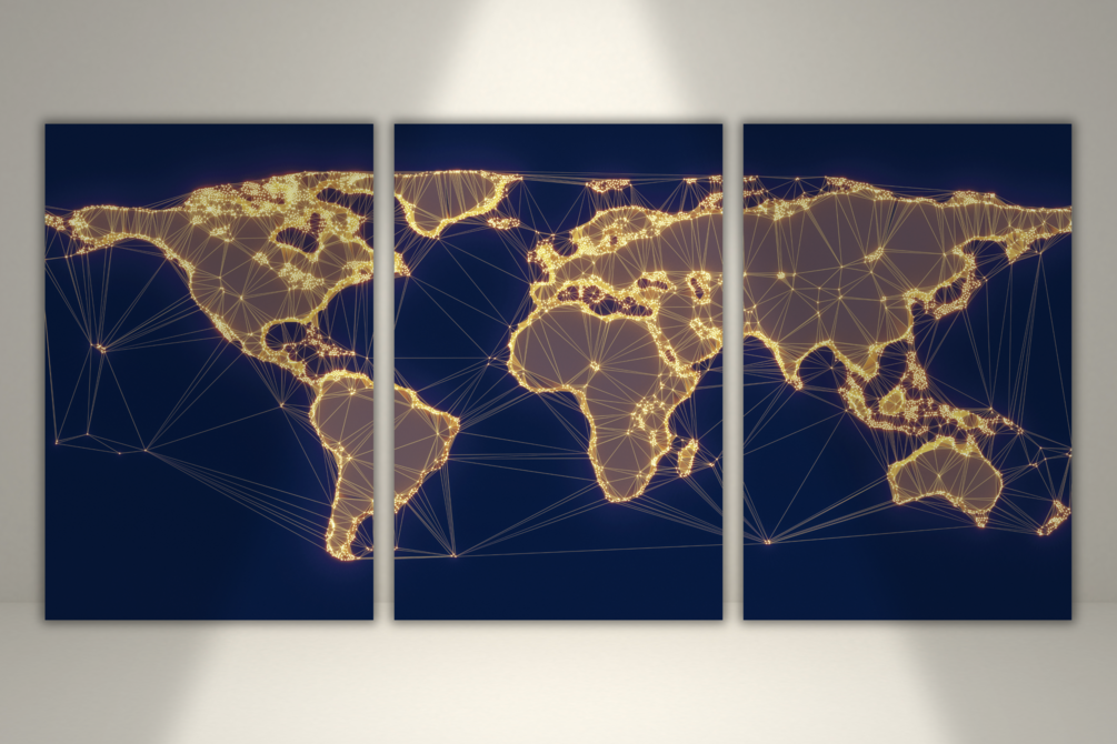 World Map 3 Print Art Set - World Map Triptych Art, Digital Network ...