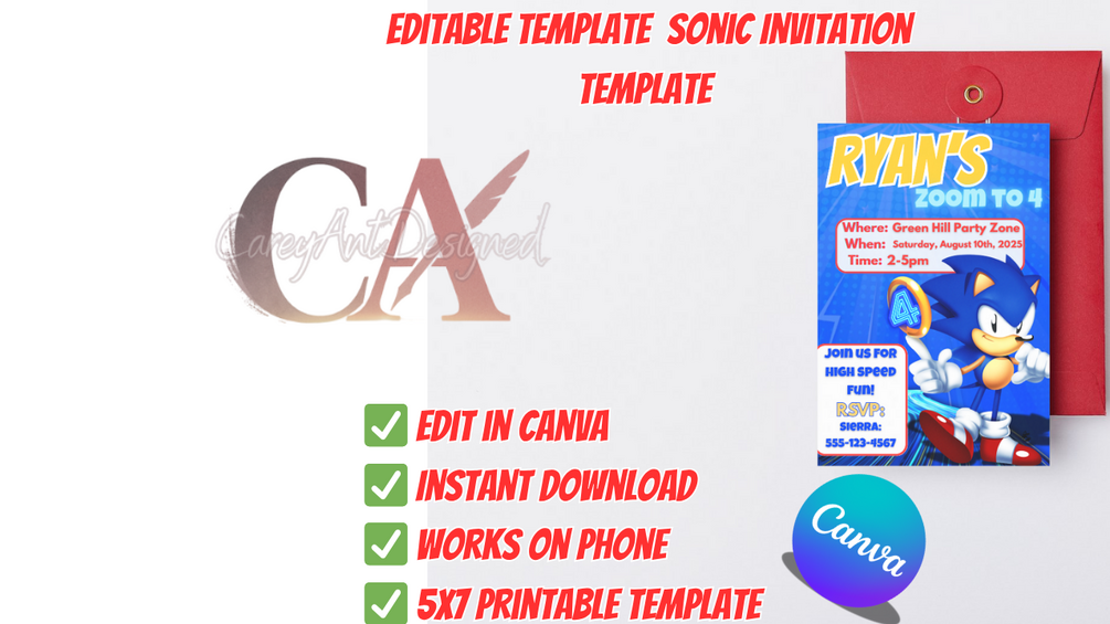 🌀 Sonic Birthday Invitation – Editable Canva Template