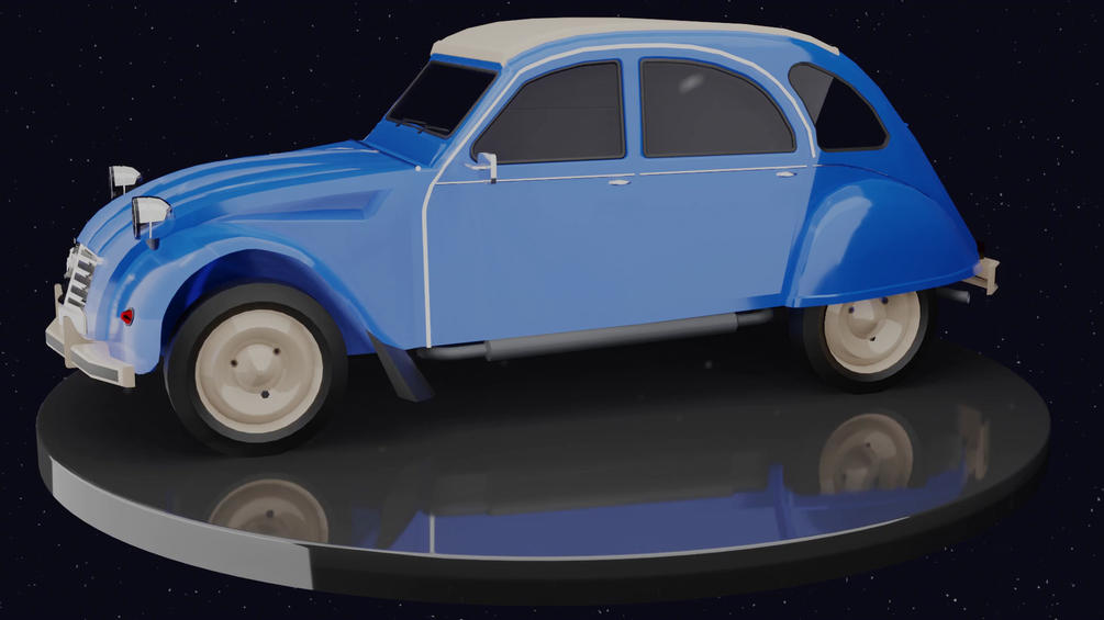 Conjunto de render y modelo 3D del Citroen 2CV. Diseño propio.