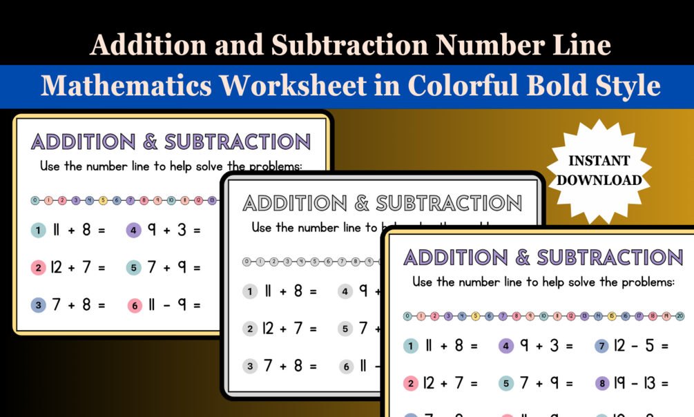 Addition and Subtraction Number Line Mathematics Worksheet in Colorful ...
