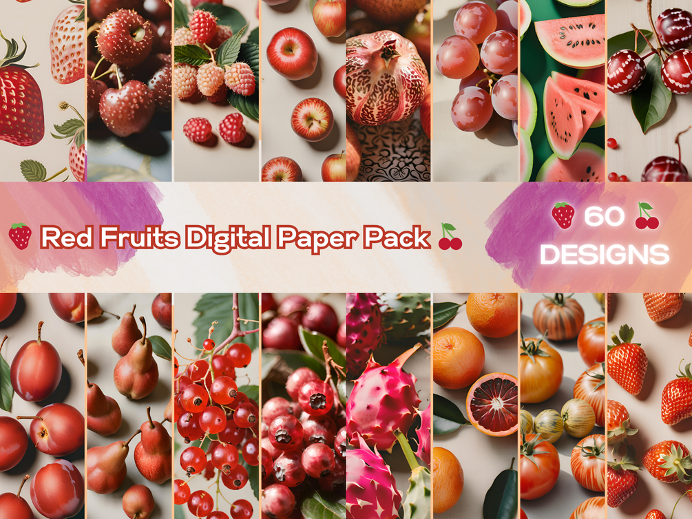 60-Designs Red Fruits Digital Paper Pack | Strawberries, Cherries ...