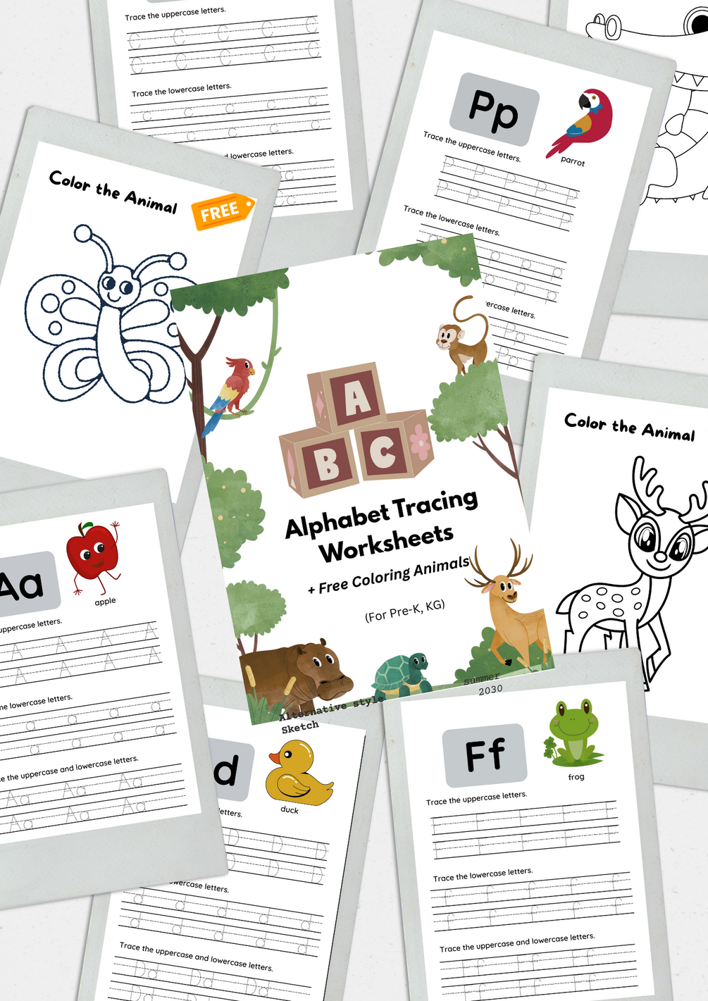 Alphabet Tracing Worksheets (for Pre-K, KG) + free Coloring Animals