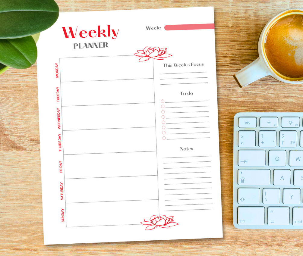 Red Digital Weekly Printable Planner Lotus Design, Weekly Schedule ...