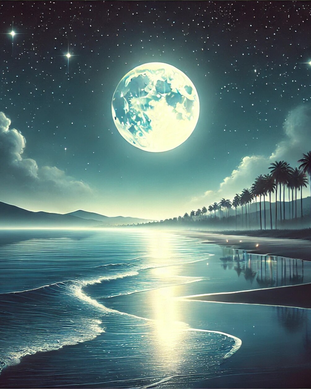 Serene Moonlit Beach Night Tropical Ocean Waves