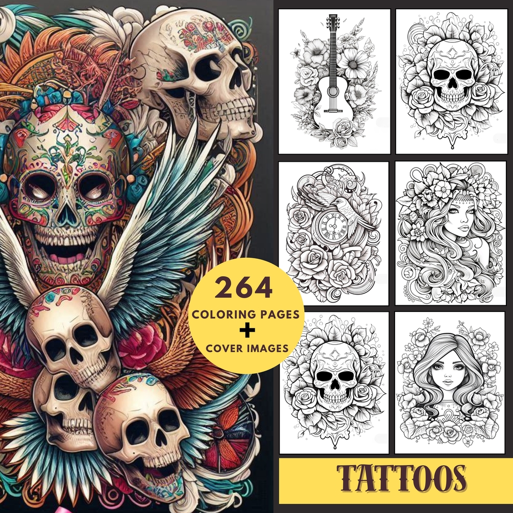 Adult Tattoo Coloring Book: 264 Pages of Edgy Designs - Skulls, Snakes ...