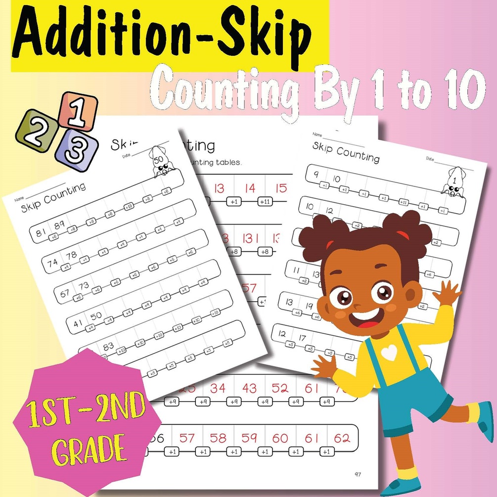 Addition-Skip Counting By 1 to 10 Grade 1st-2nd 50 Page Math Exercise ...