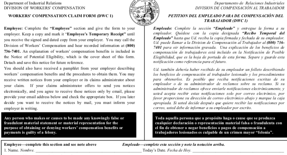 CA Workers Compensation Claim Form DWC1 PDF