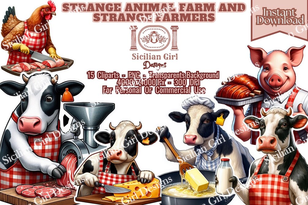 Pack Of 15 Cliparts - Strange Animal Farm And Strange Farmers!