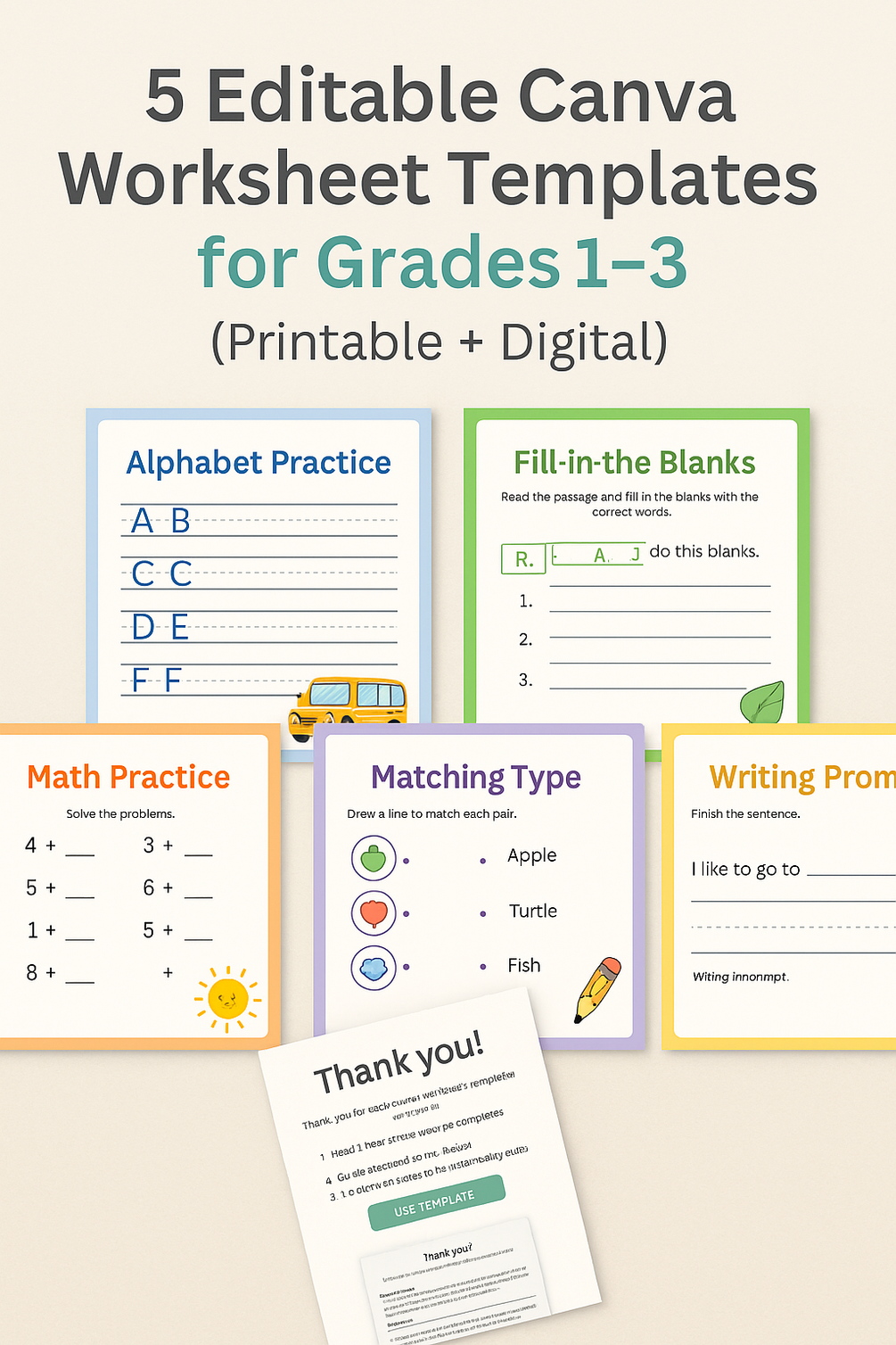 Editable Canva Worksheet Templates (Grades 1-3)