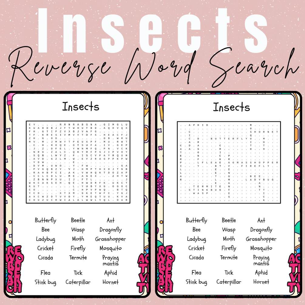 Insects - Reverse Word Search No Prep Printable Activity Worksheet