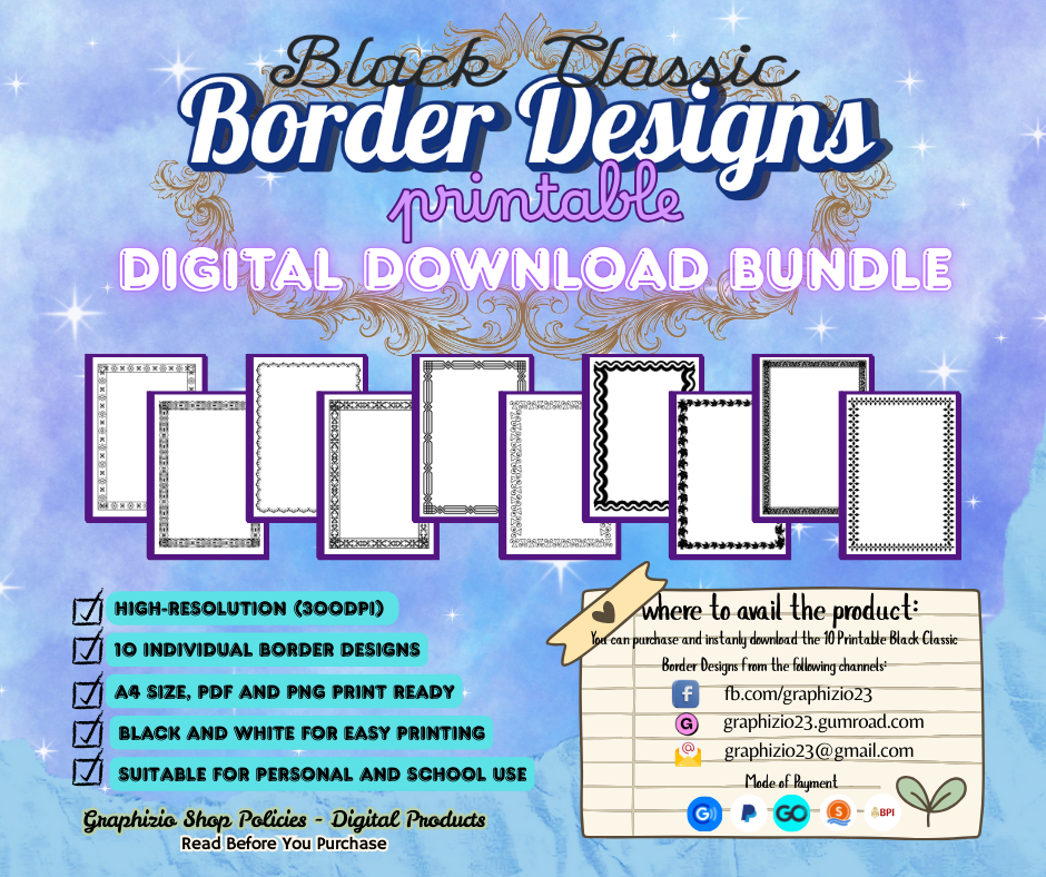 Black Classic Border Design - 10 Printable Digital Downloads II ...
