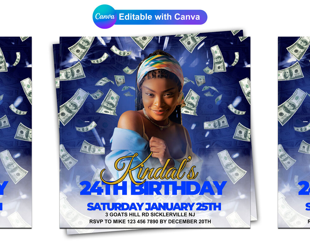 Money birthday party flyer editable with Canva, money theme party ...