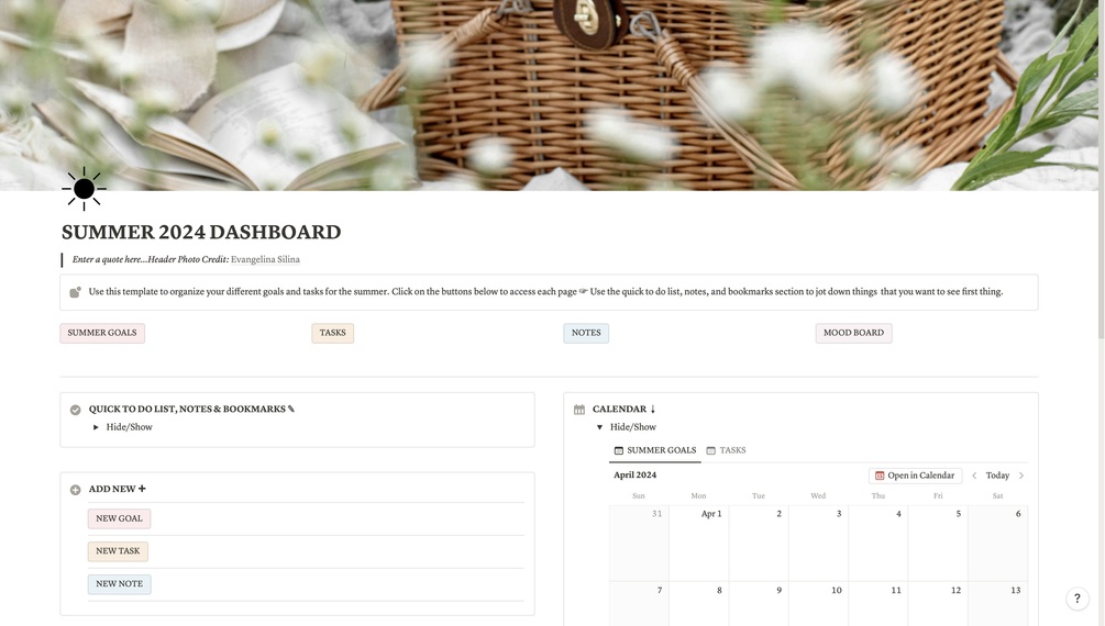 2024 Summer Planner | Notion Template Dashboard