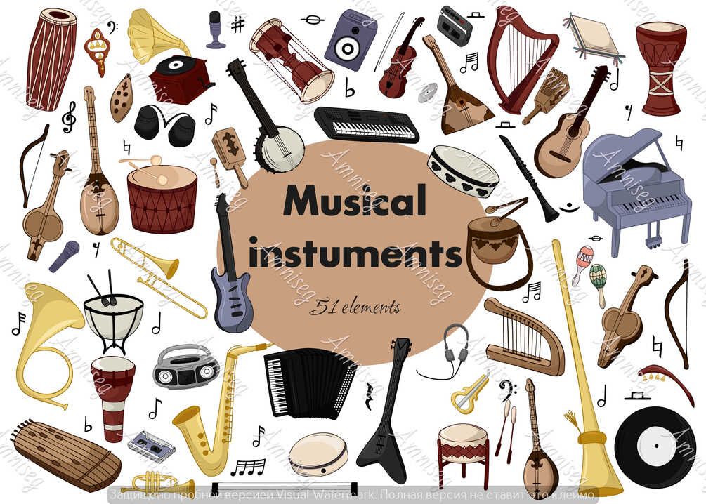 Big Set 51 Musical instruments. Vector, Ai, EPS, PNG, SVG files.
