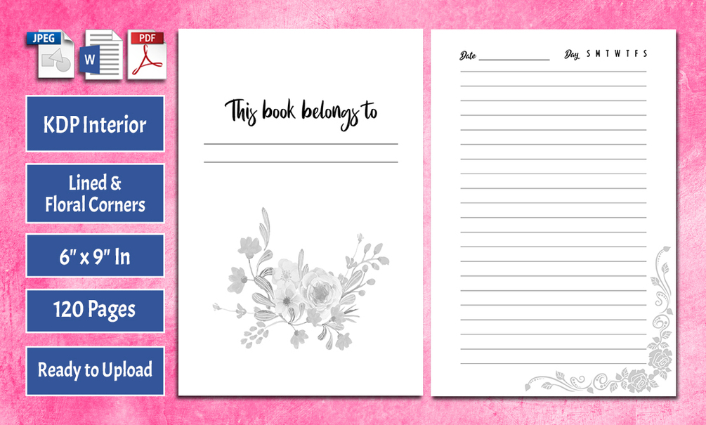 6" x 9" Lined Floral Interior Notebook for Amazon KDP, 120 pages, Ready ...
